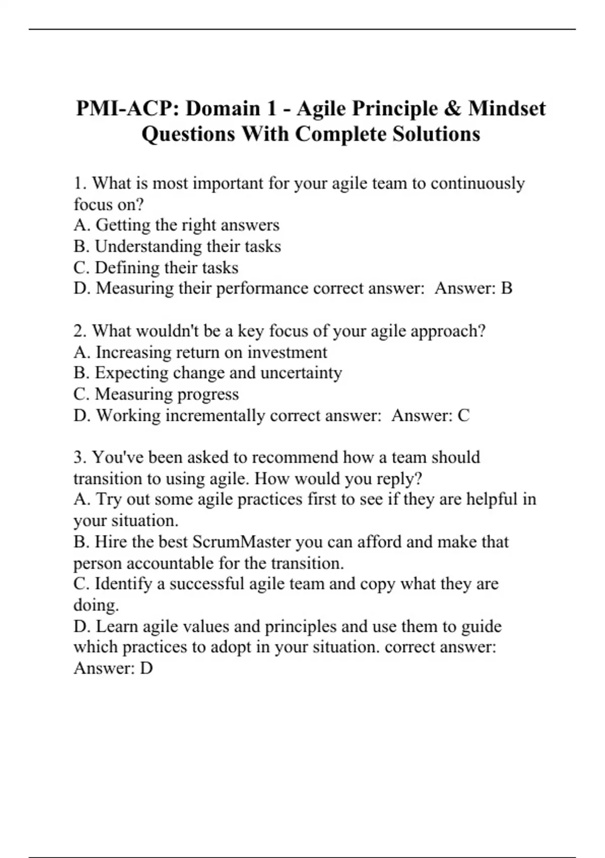 PMI-ACP: Domain 1 - Agile Principle & Mindset Questions With Complete ...