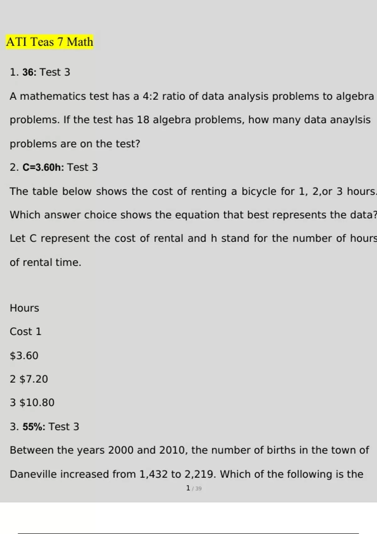 ATI TEAS 7 Math-Questions&Answers 2023 Latest Update TO BOOST YOUR ...