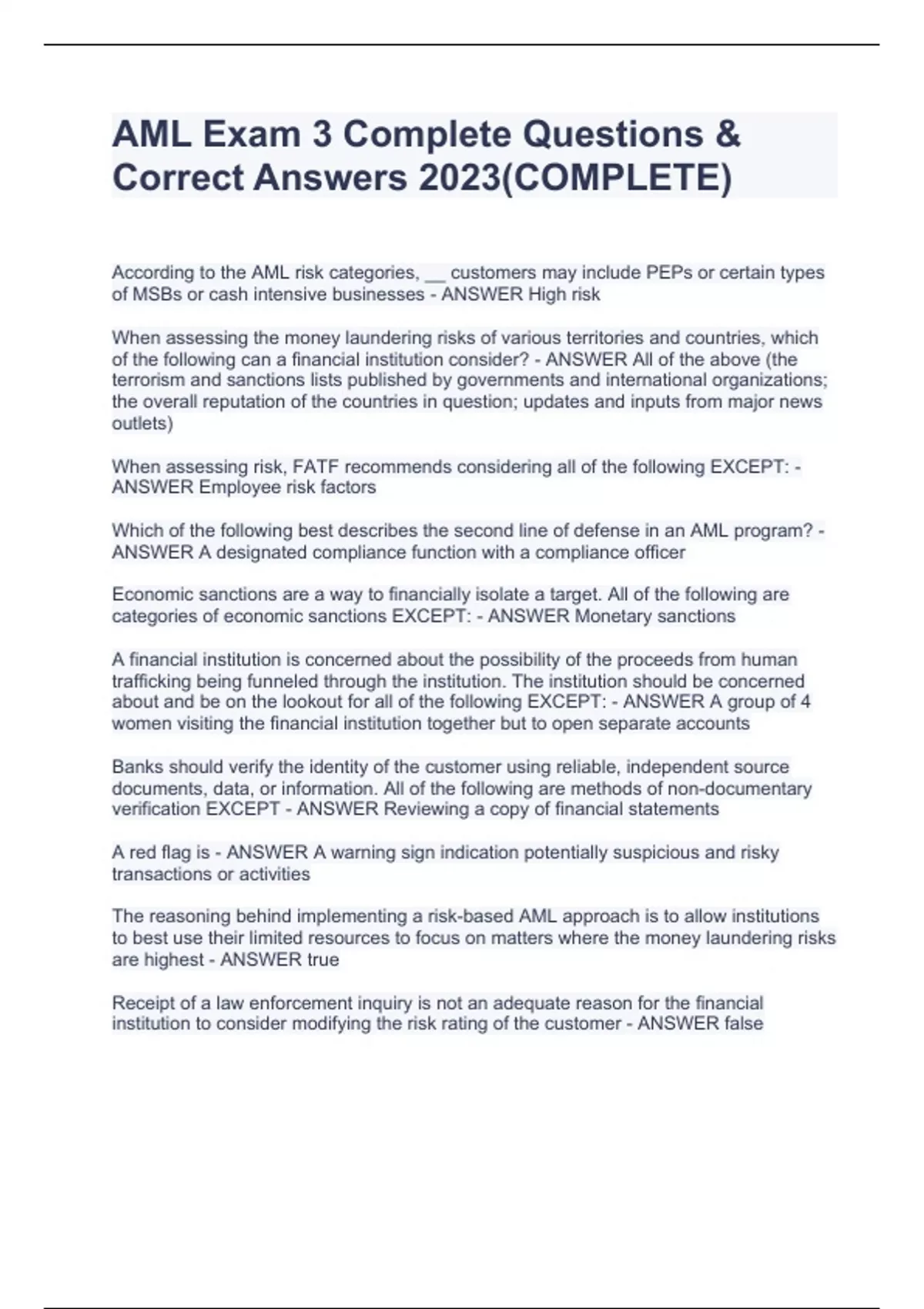 AML Exam 3 Complete Questions & Correct Answers 2023(COMPLETE) - AML - Stuvia US