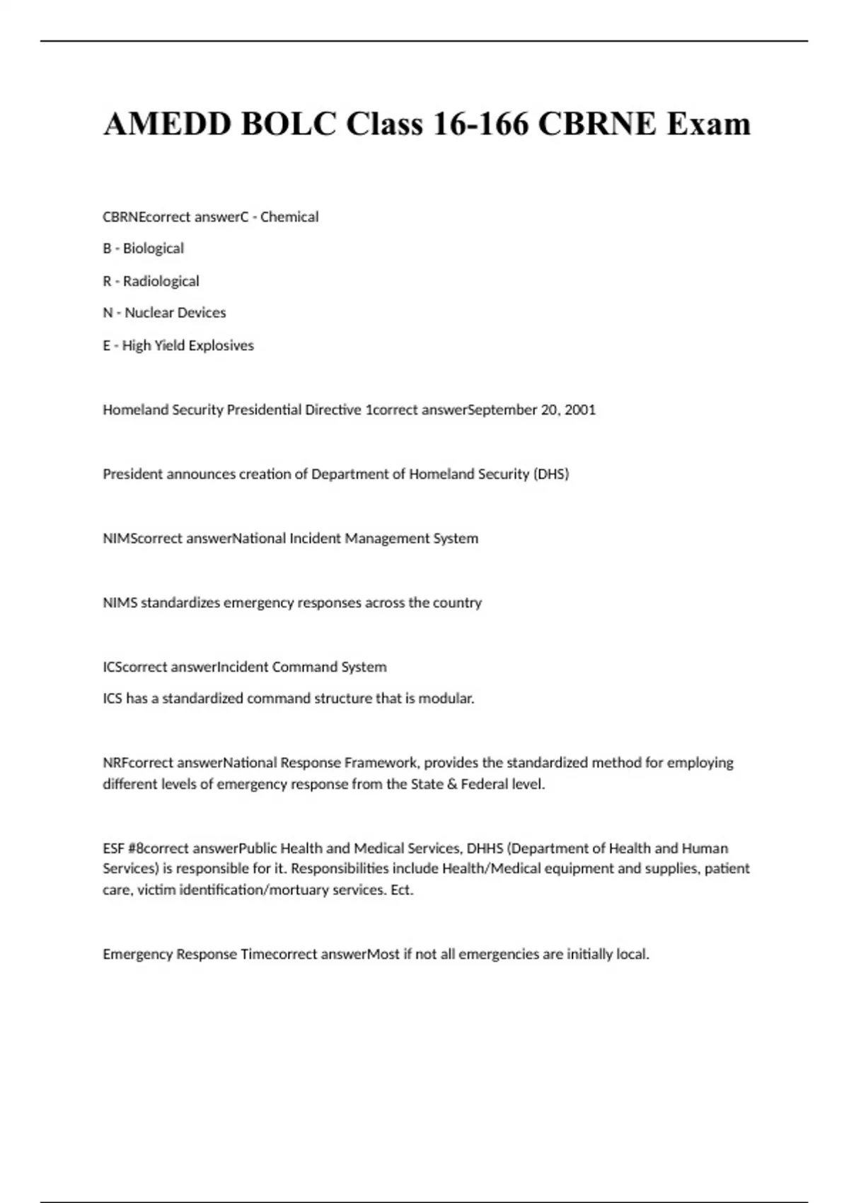 AMEDD BOLC Class 16-166 CBRNE Exam 2023 with complete solutions - AMEDD ...