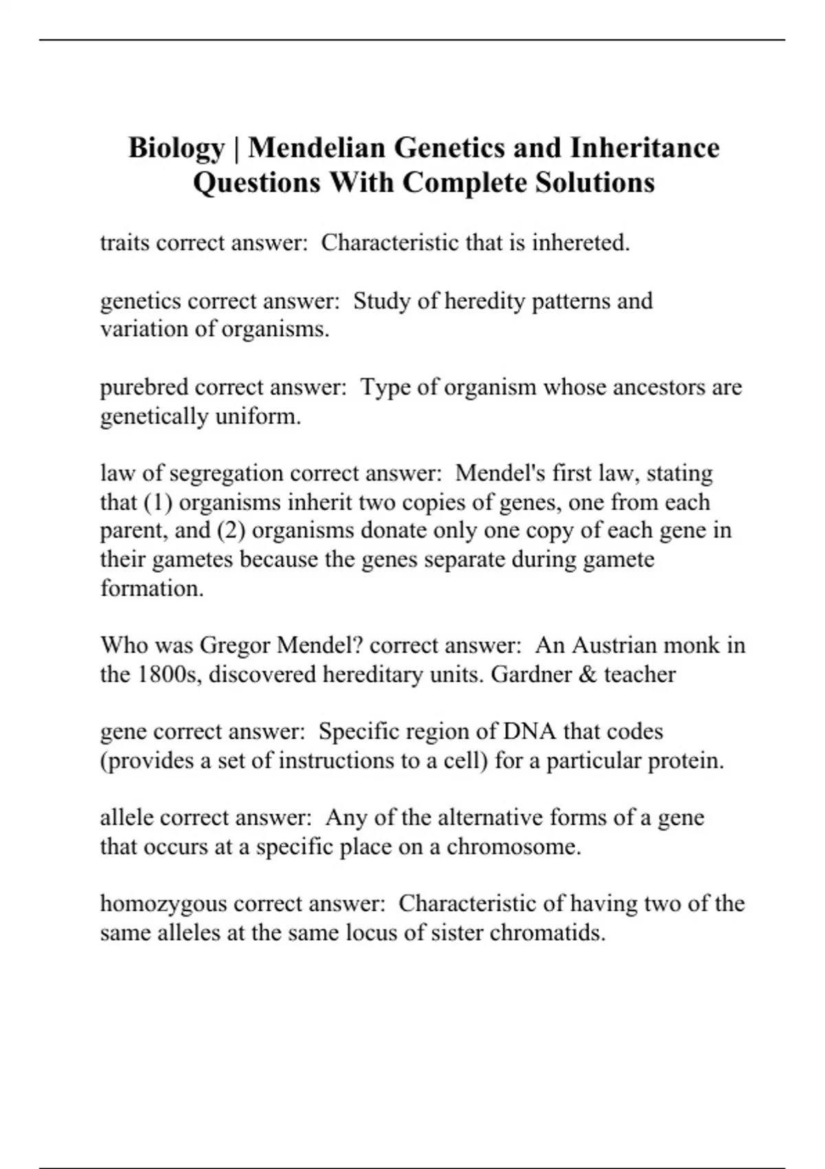 Biology | Mendelian Genetics and Inheritance Questions With Complete ...