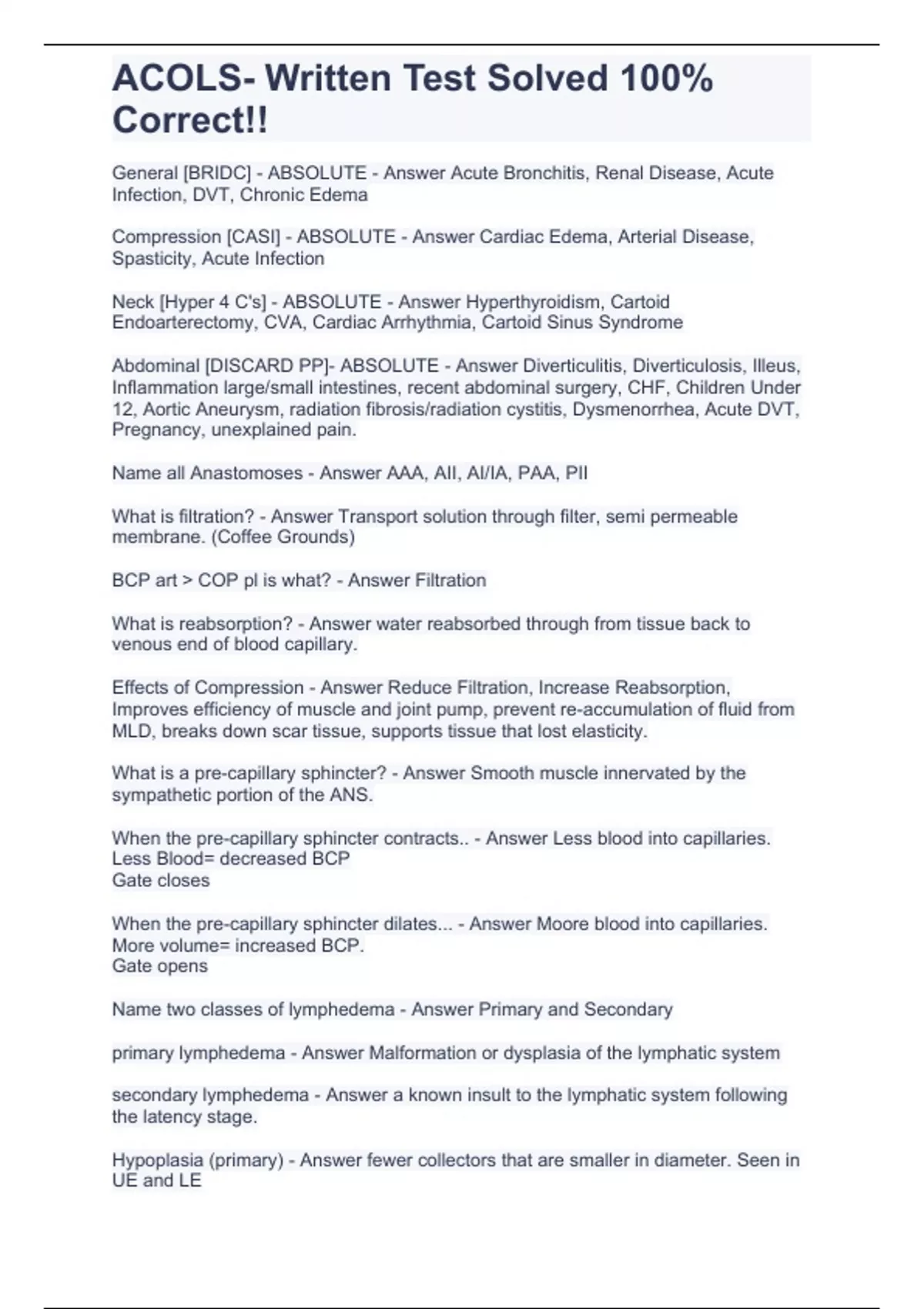 ACOLS- Written Test Solved 100% Correct!! - ACOLS - Stuvia US