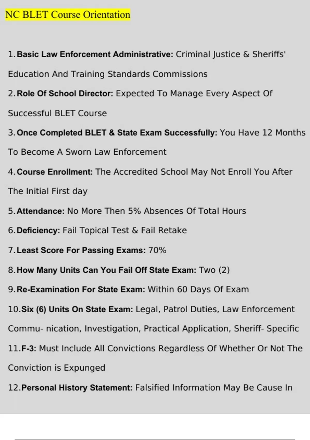 NC BLET Course Orientation 2025 Questions and Answers 2025 / 2026 ...