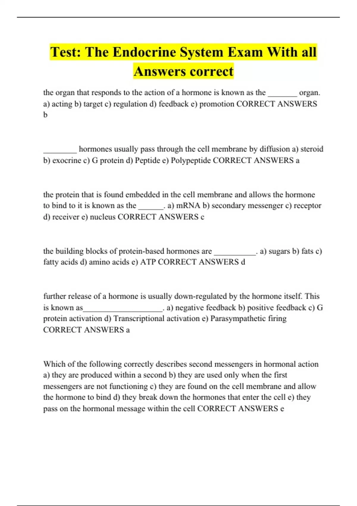 Test: The Endocrine System Exam With all Answers correct - Endo - Stuvia US