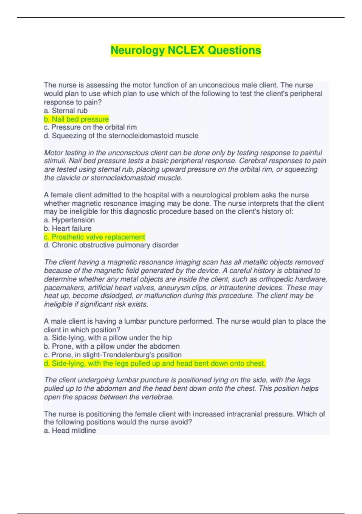 Neurology NCLEX Questions with Correct Answers and Explanations ...
