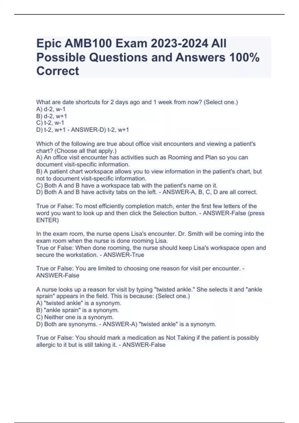 Epic AMB100 Exam All Possible Questions and Answers 100% Correct - Epic ...
