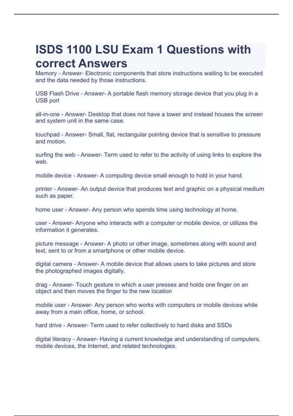ISDS 1100 LSU Exam 1 Questions with correct Answers - ISDS - Stuvia US