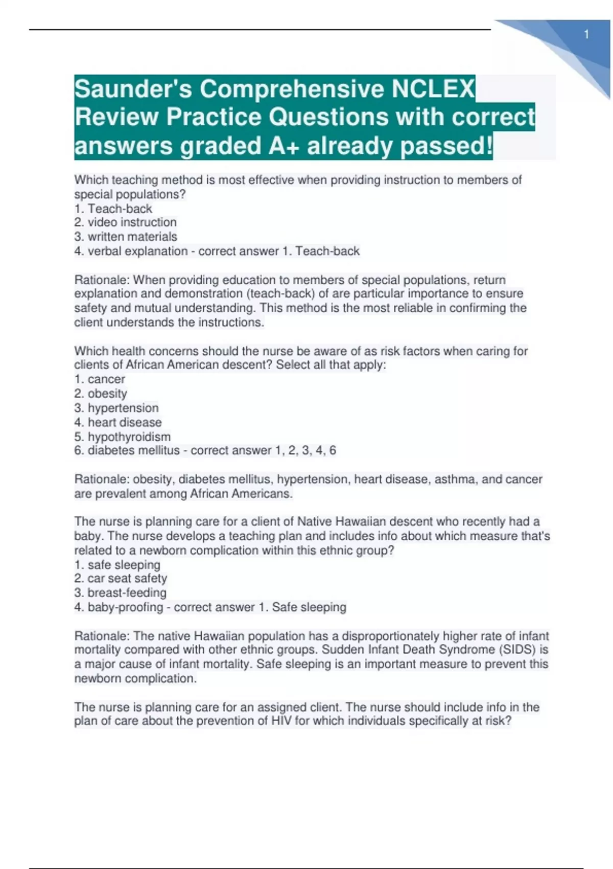 Saunder's Comprehensive NCLEX Review Practice Questions with correct ...