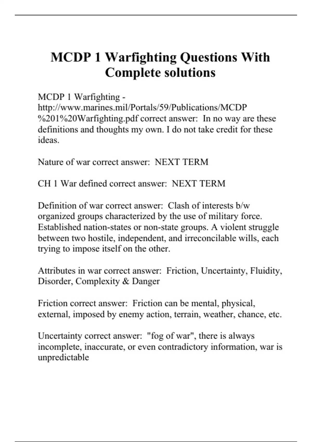 MCDP 1 Warfighting Questions With Complete solutions - MCDP - Stuvia US