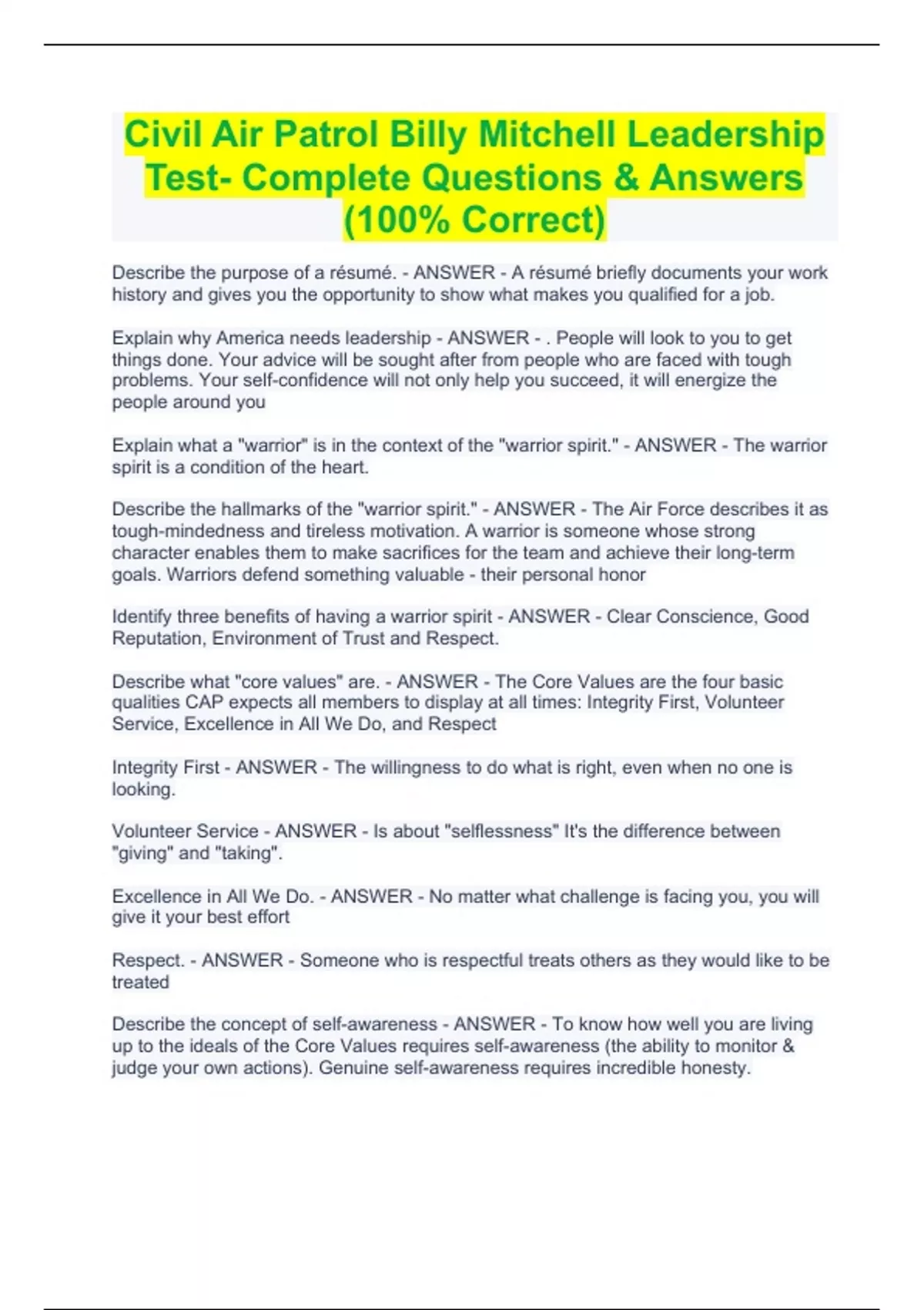 Civil Air Patrol Billy Mitchell Leadership Test- Complete Questions ...