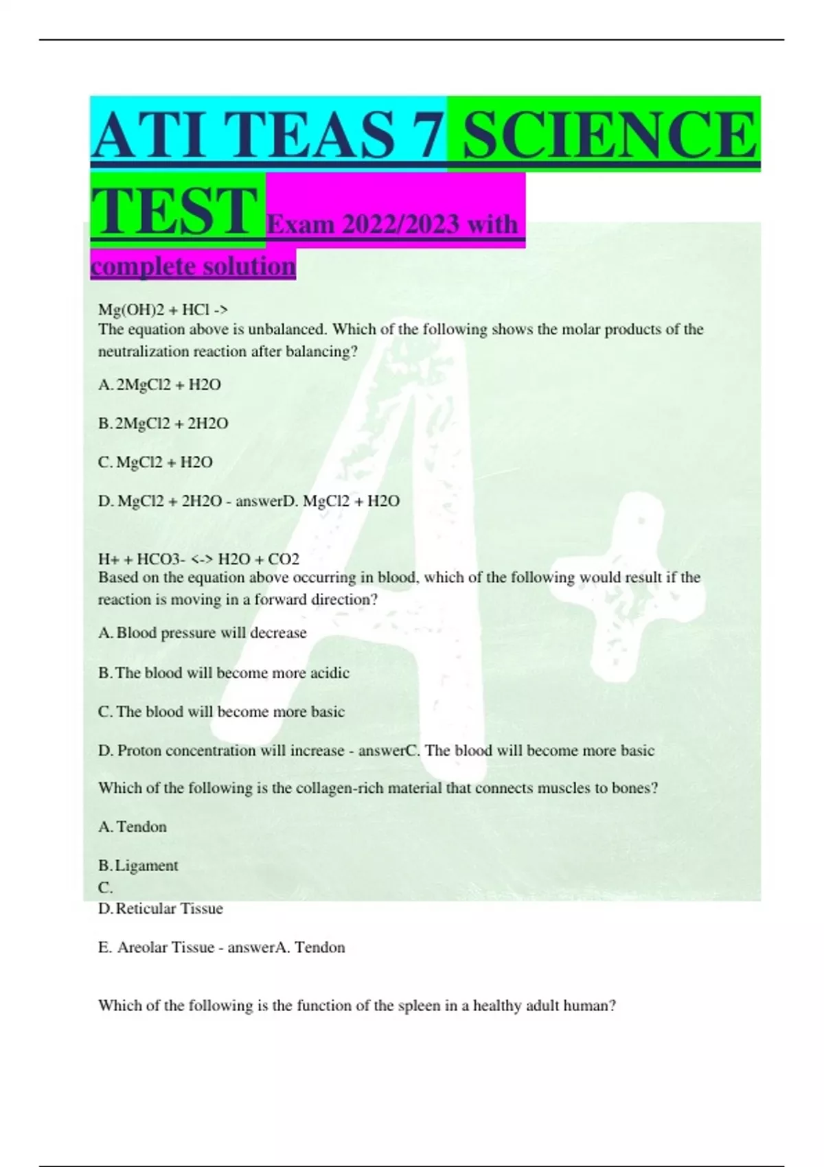 ATI TEAS 7 SCIENCE TESTExam 2022/2023 with complete solution - ATI TEAS ...