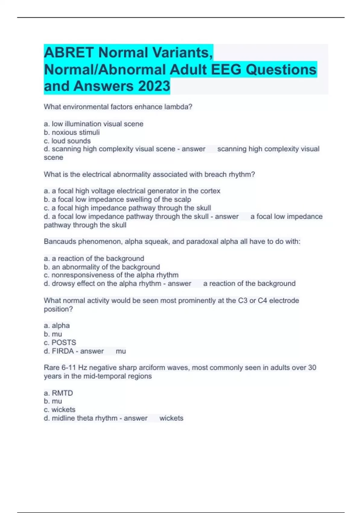 ABRET Normal Variants, Normal/Abnormal Adult EEG Questions and Answers ...