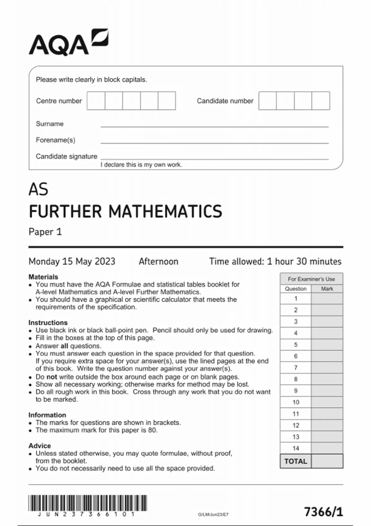 AQA AS FURTHER MATHEMATICS PAPER 2 STATISTICS MAY 2023 QUESTION PAPER ...