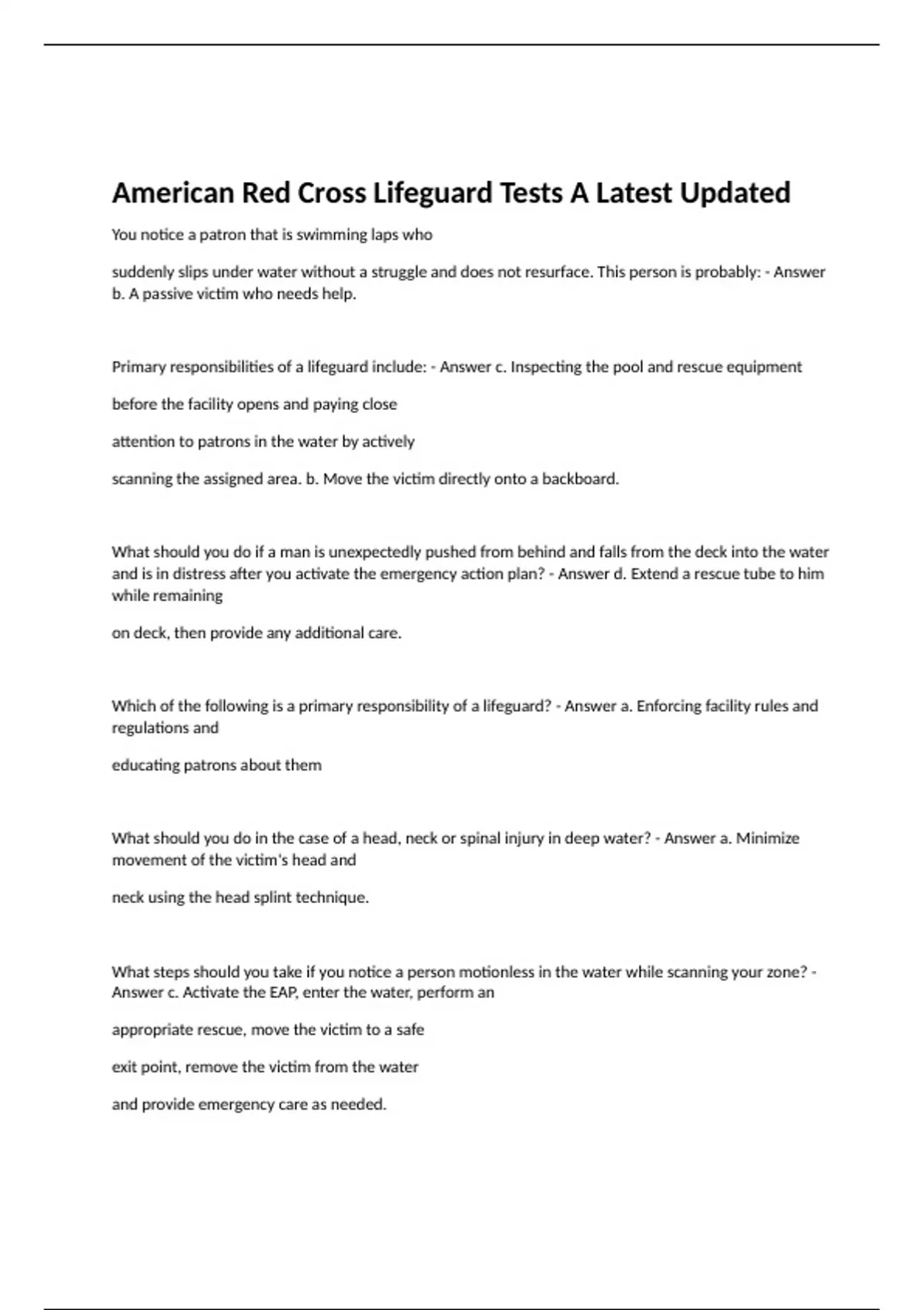 American Red Cross Lifeguard Tests A With Complete Solution - American ...