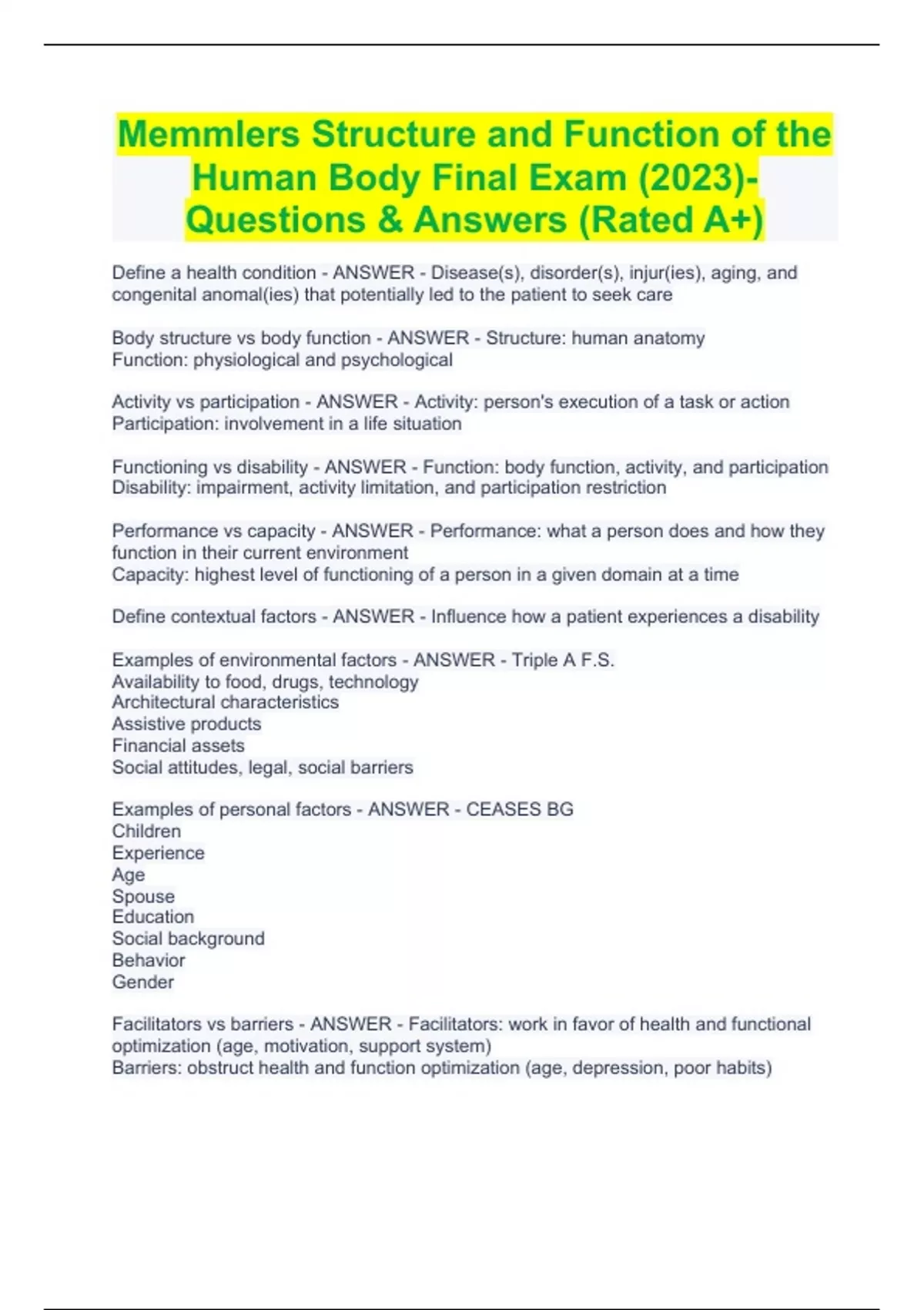 Memmlers Structure and Function of the Human Body 10th edition Test ...