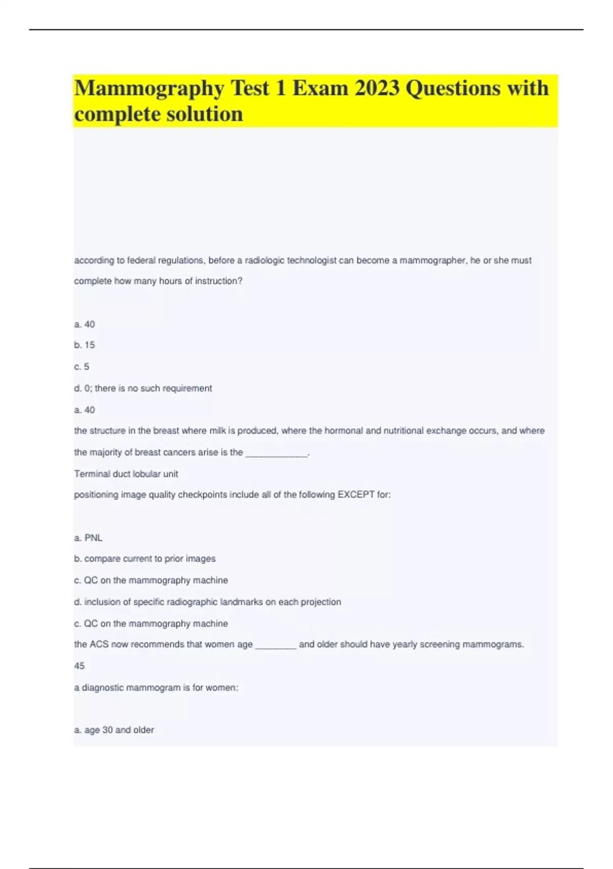 Mammography Test 1 Exam 2023 Questions with complete solution - Mammo ...