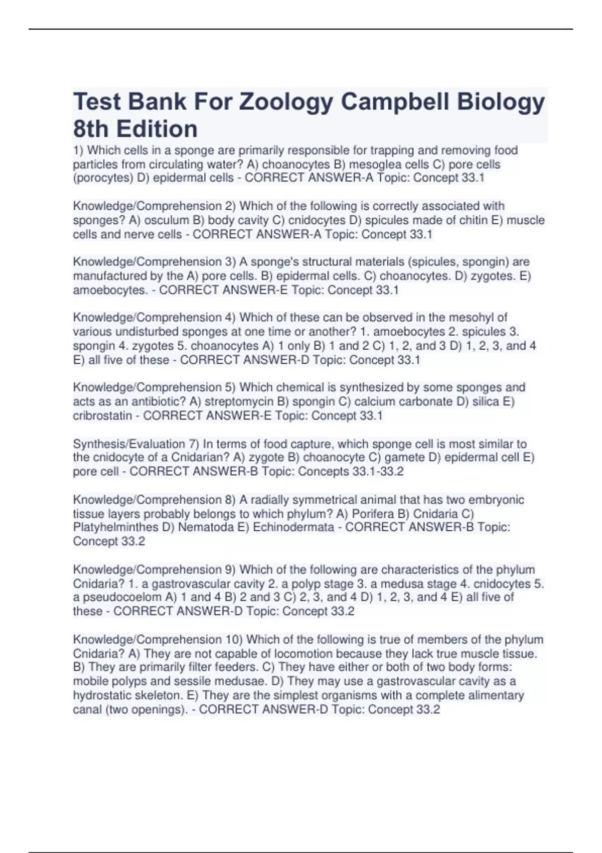 Test Bank For Zoology Campbell Biology 8th Edition - ZOOLOGY - Stuvia US