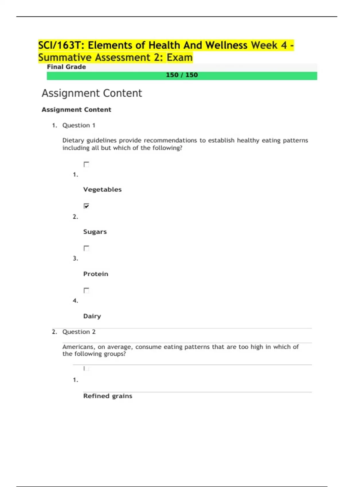 SCI/163T: Elements of Health And Wellness Week 4 - Summative Assessment ...