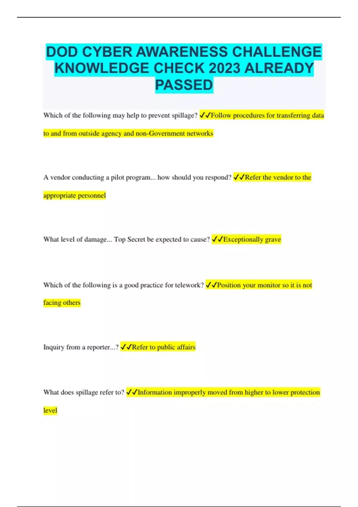 Cyber Awareness Challenge 2024 Answer Key Quizlet Shela Dominica