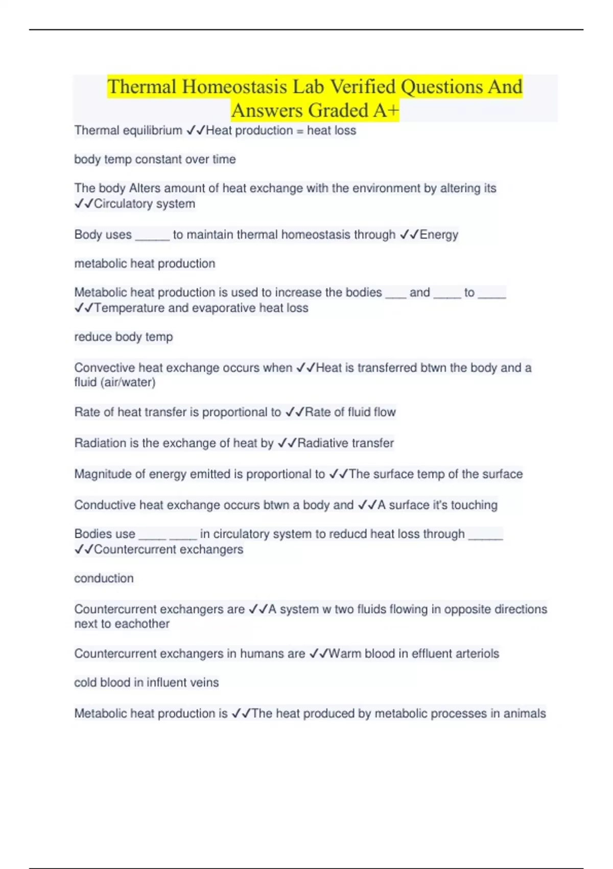 Thermal Homeostasis Lab Verified Questions And Answers Graded A+ - Thermal Homeostasis Lab ...