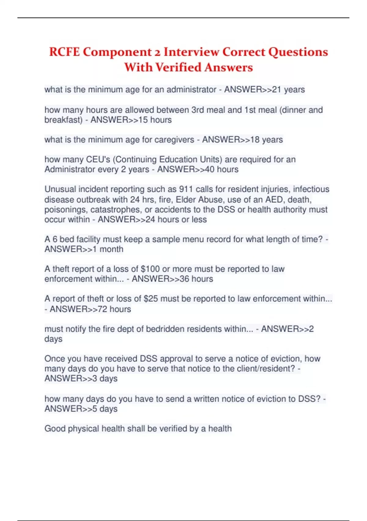 RCFE Component 2 Interview Correct Questions With Verified Answers ...