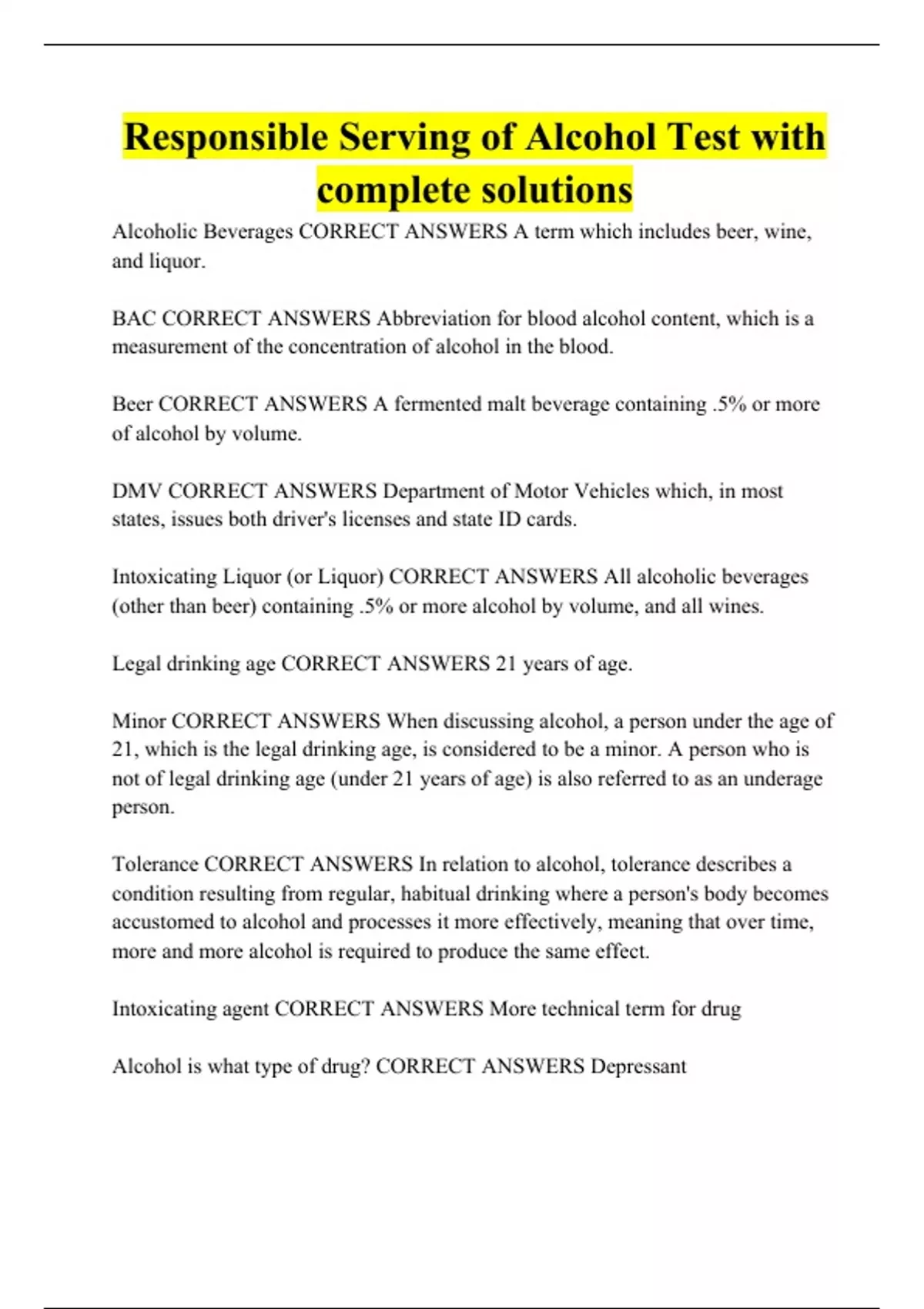 Responsible Serving of Alcohol Test with complete solutions - Rbs ...