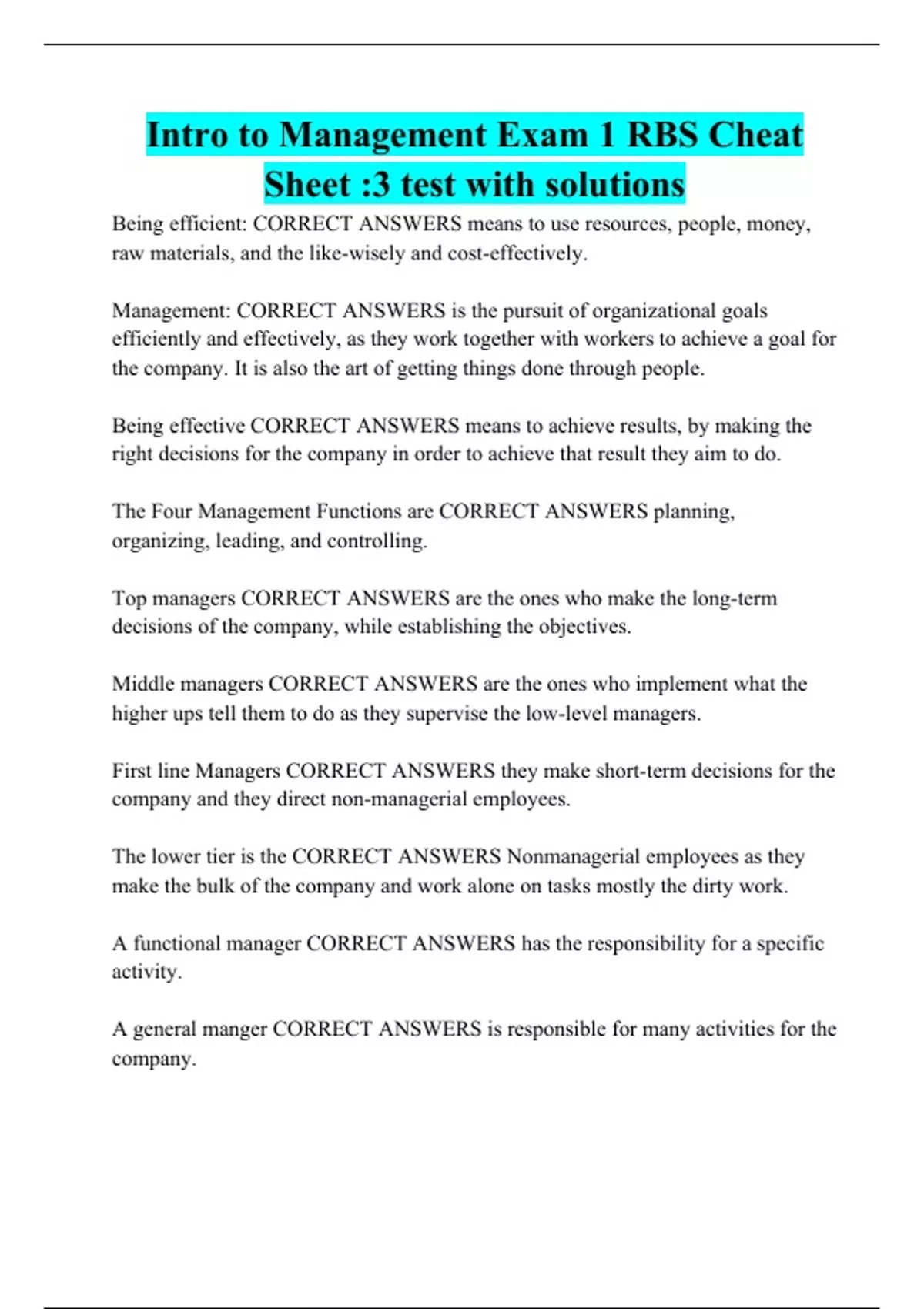 Intro to Management Exam 1 RBS Cheat Sheet :3 test with solutions - Rbs ...