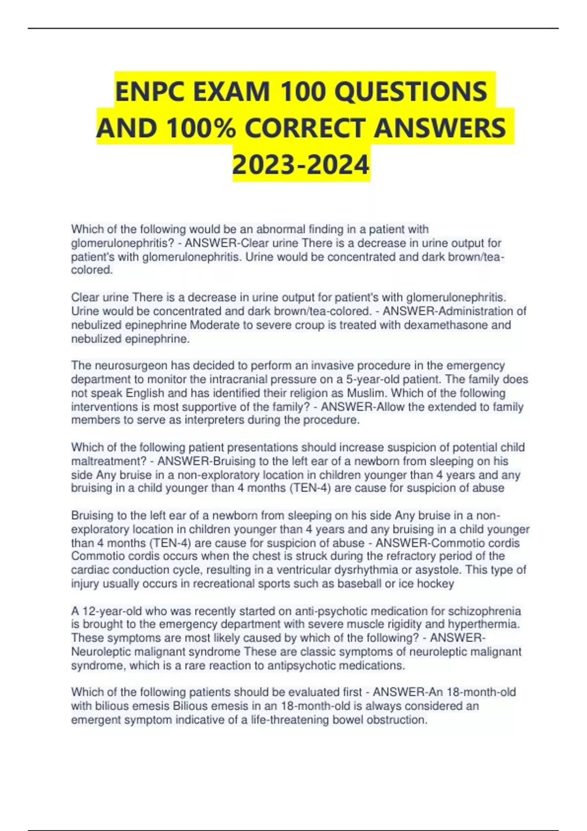 ENPC EXAM 100 QUESTIONS AND 100% CORRECT ANSWERS - ENPC - Stuvia FR