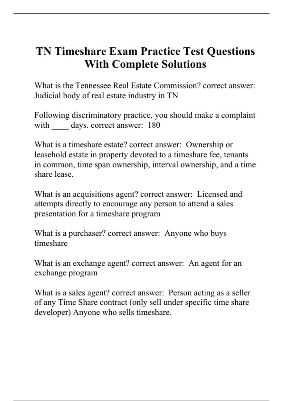 TN Timeshare Exam Practice Test Questions With Complete Solutions ...