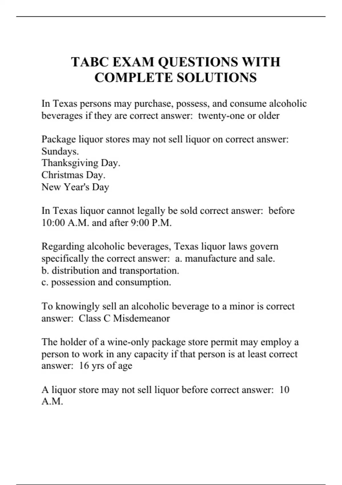 Tabc Exam Questions With Complete Solutions Tabc Stuvia Us