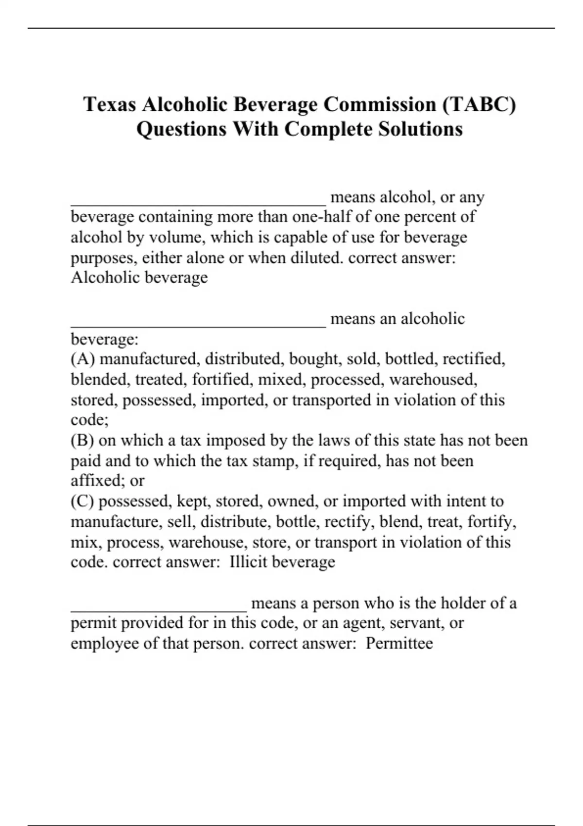 Texas Alcoholic Beverage Commission (TABC) Questions With Complete ...