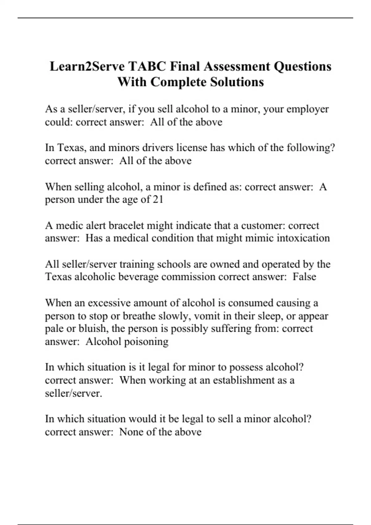 Learn2serve Tabc Final Assessment Questions With Complete Solutions Tabc Stuvia Us