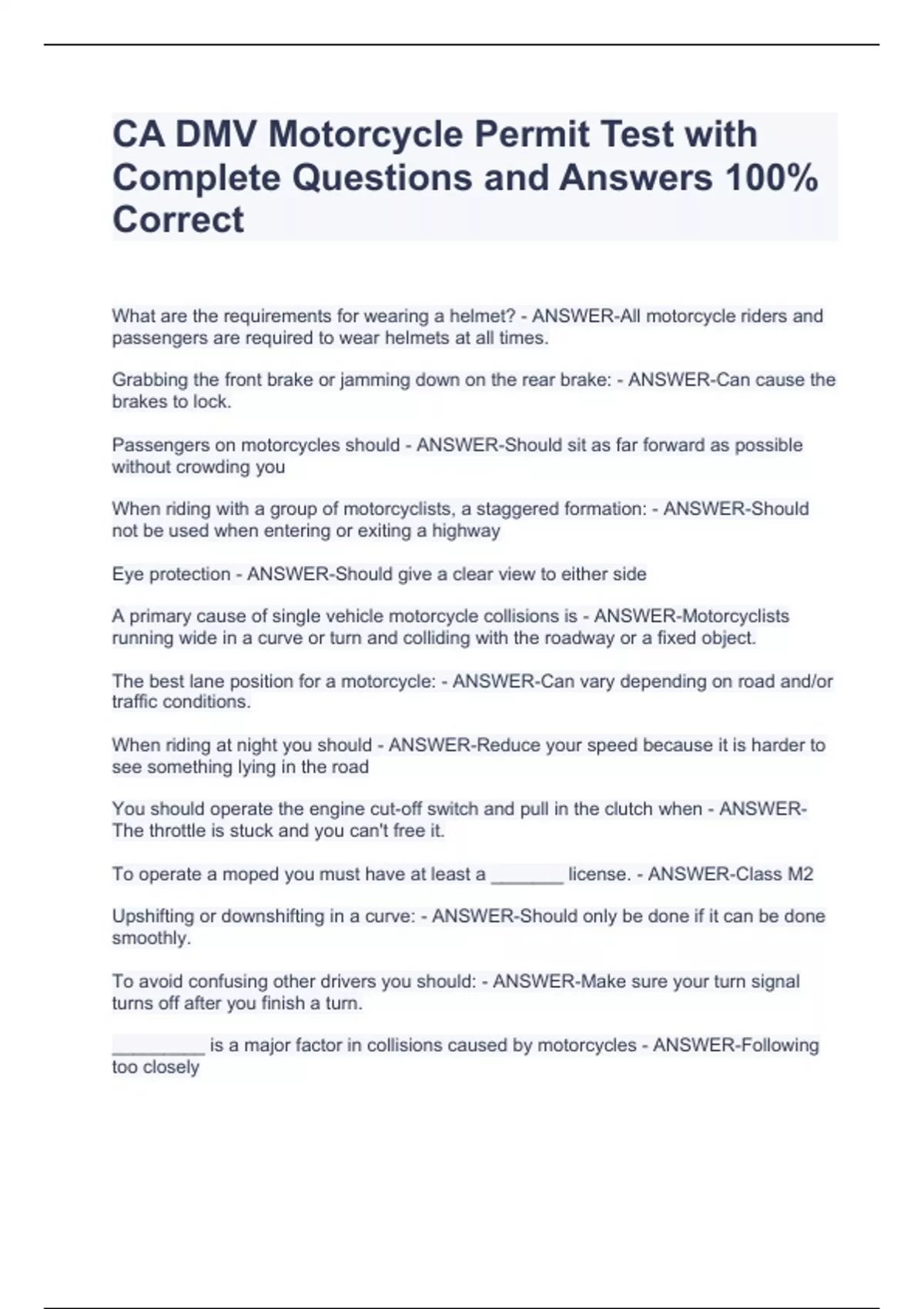 CA DMV Motorcycle Permit Test with Complete Questions and Answers 100% ...