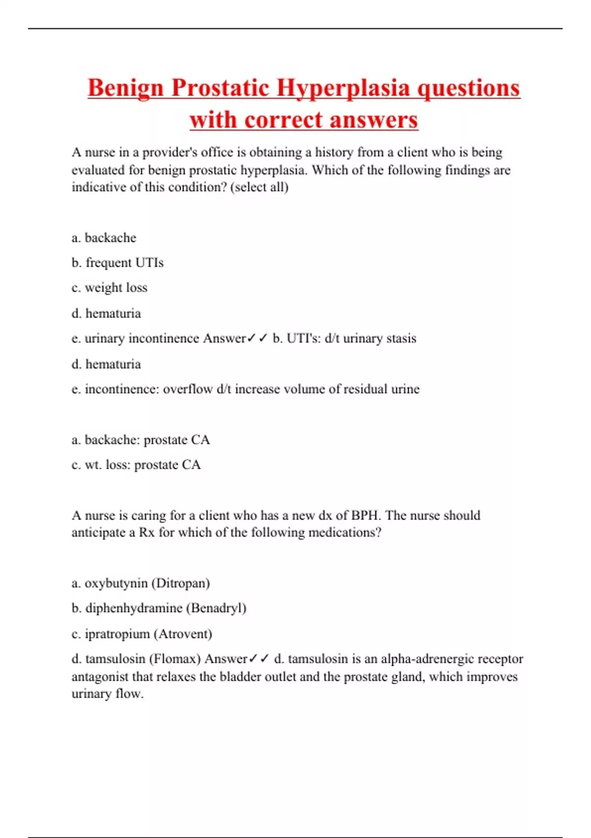 Benign Prostatic Hyperplasia questions with correct answers - Benign ...