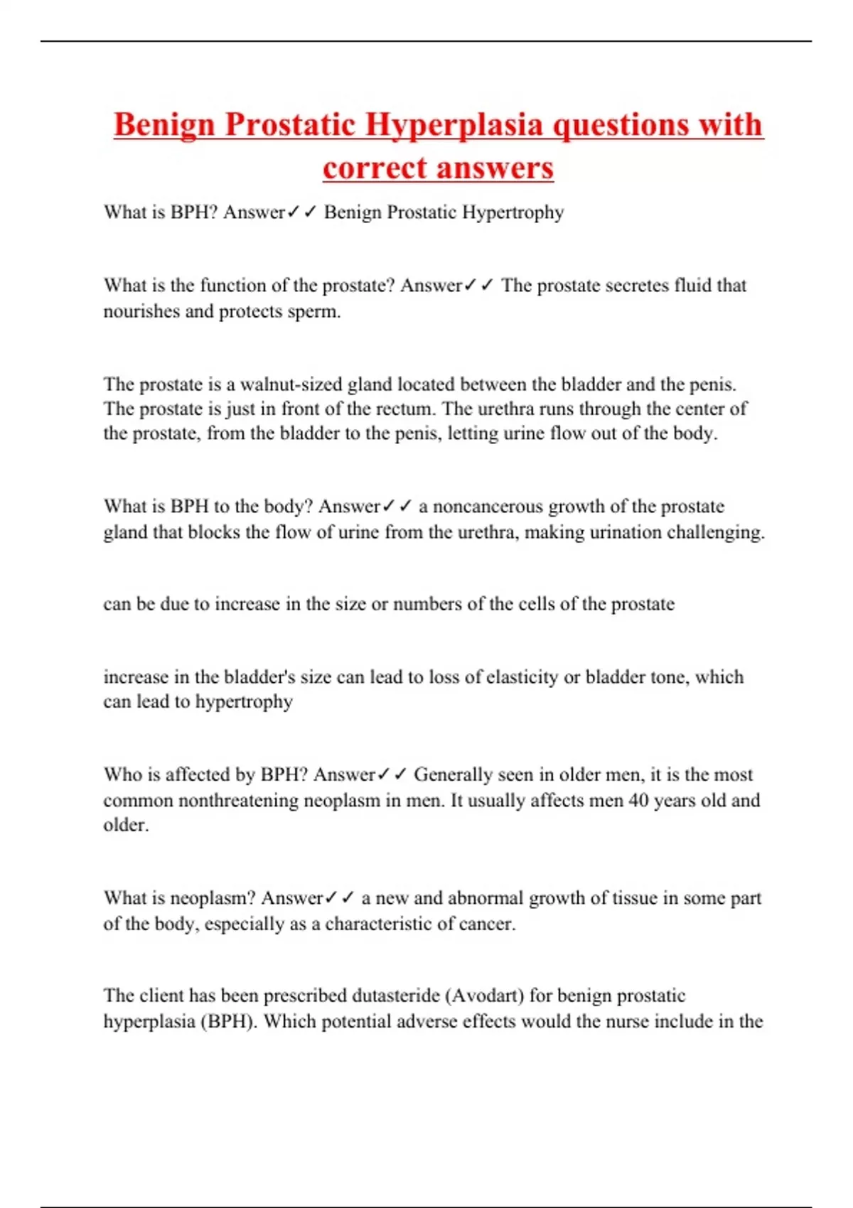 Benign Prostatic Hyperplasia questions with correct answers - Benign ...