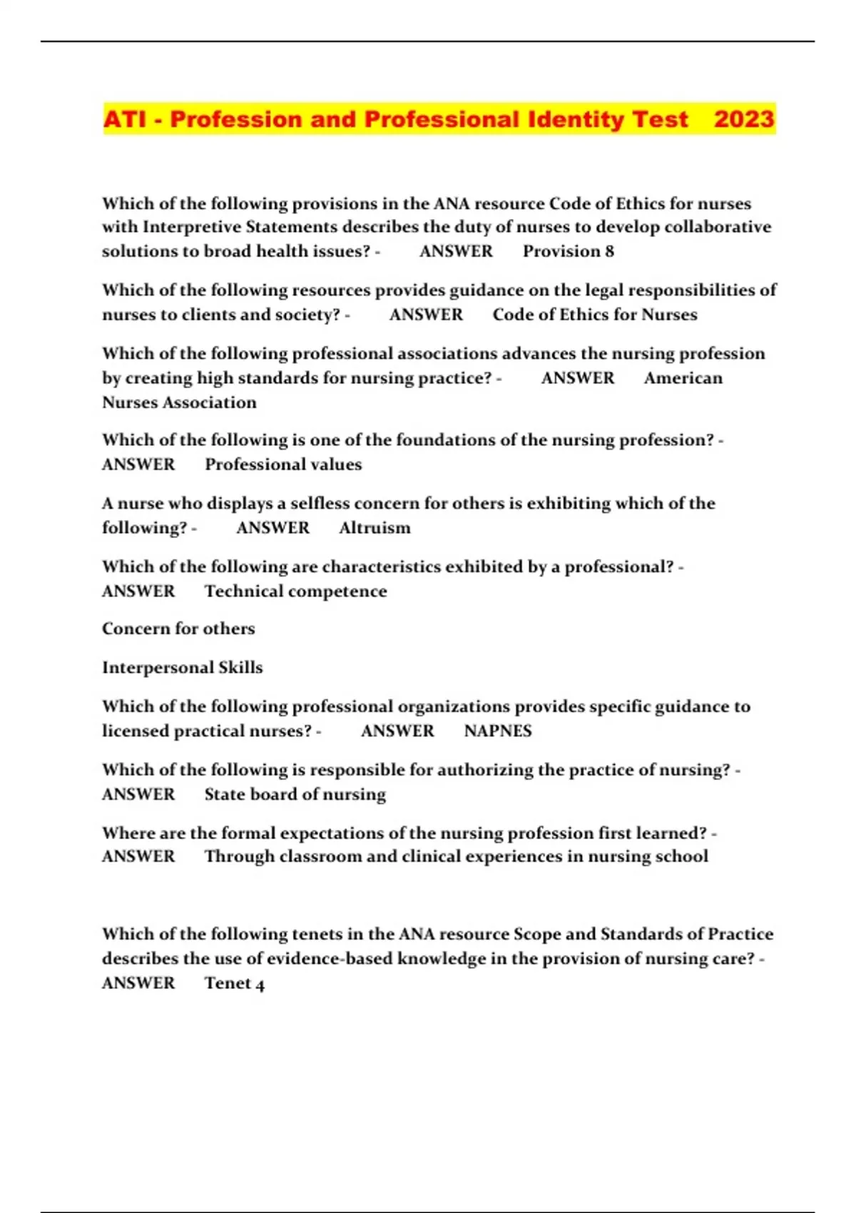 ATI - Profession and Professional Identity Test 2023 - ATI - Profession ...