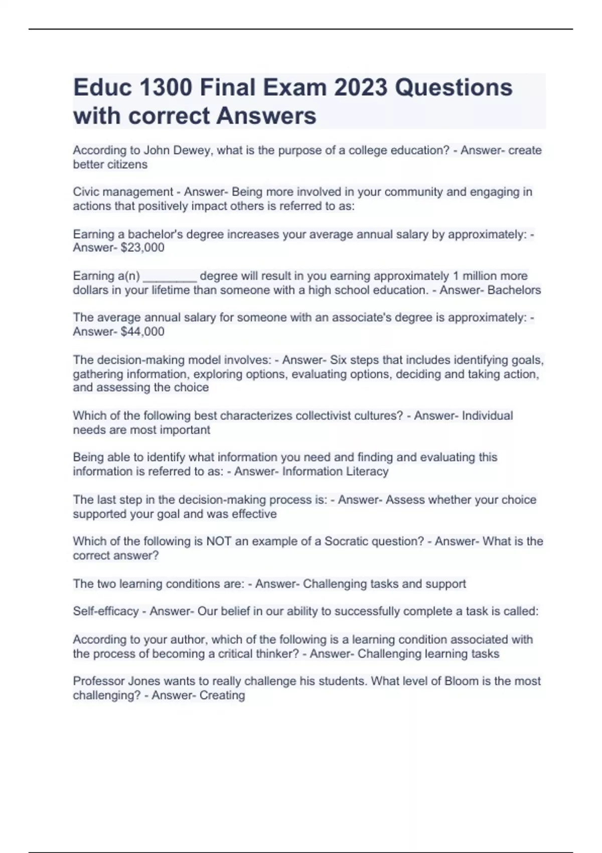 Educ 1300 Final Exam 2023 Questions with correct Answers - Educ 1300 - Stuvia US