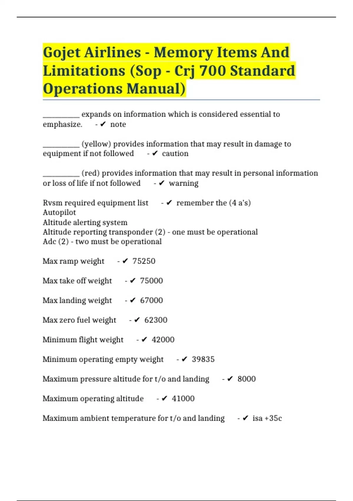 Gojet Airlines - Memory Items And Limitations (Sop - Crj 700 Standard ...