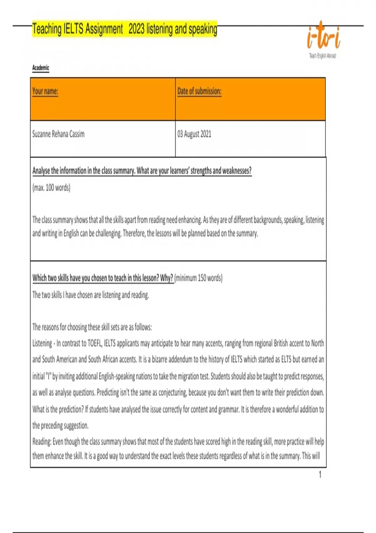 Teaching IELTS Assignment - Listening and Speaking 2023 - Stuvia US