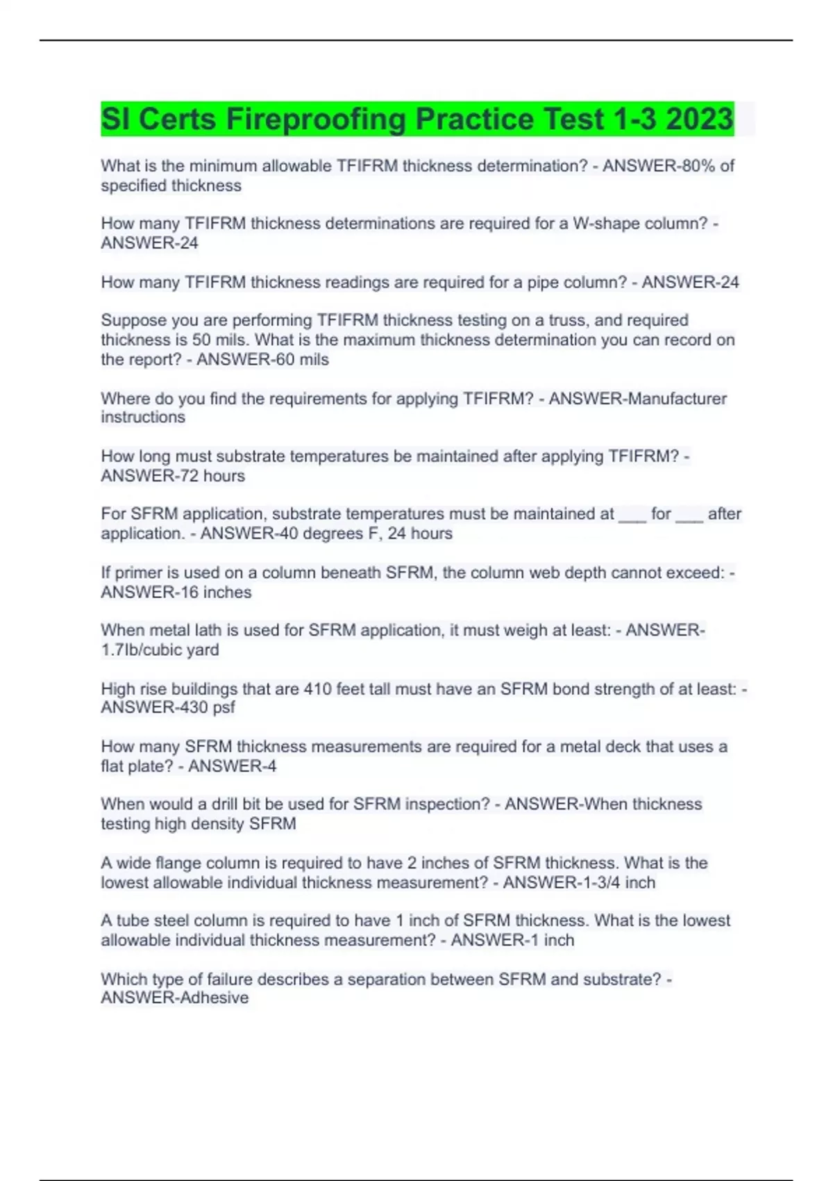 SI Certs Fireproofing Practice Test 1-3 2023 - SI Certs Fireproofing ...