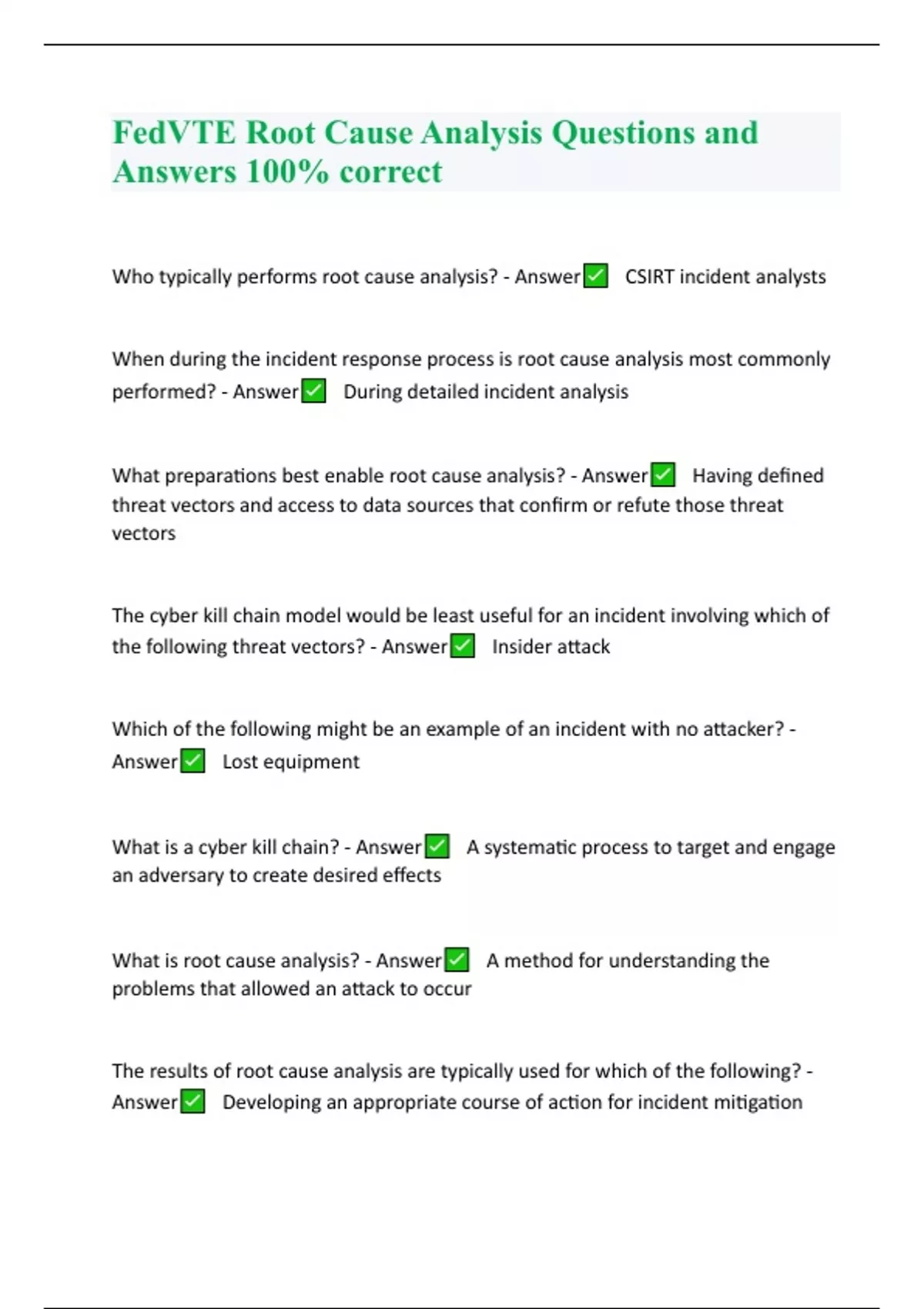 FedVTE Root Cause Analysis Questions And Answers 100 Correct FedVTE FedVTE Root Cause Analysis Questions And Answers 100 Correct FedVTE