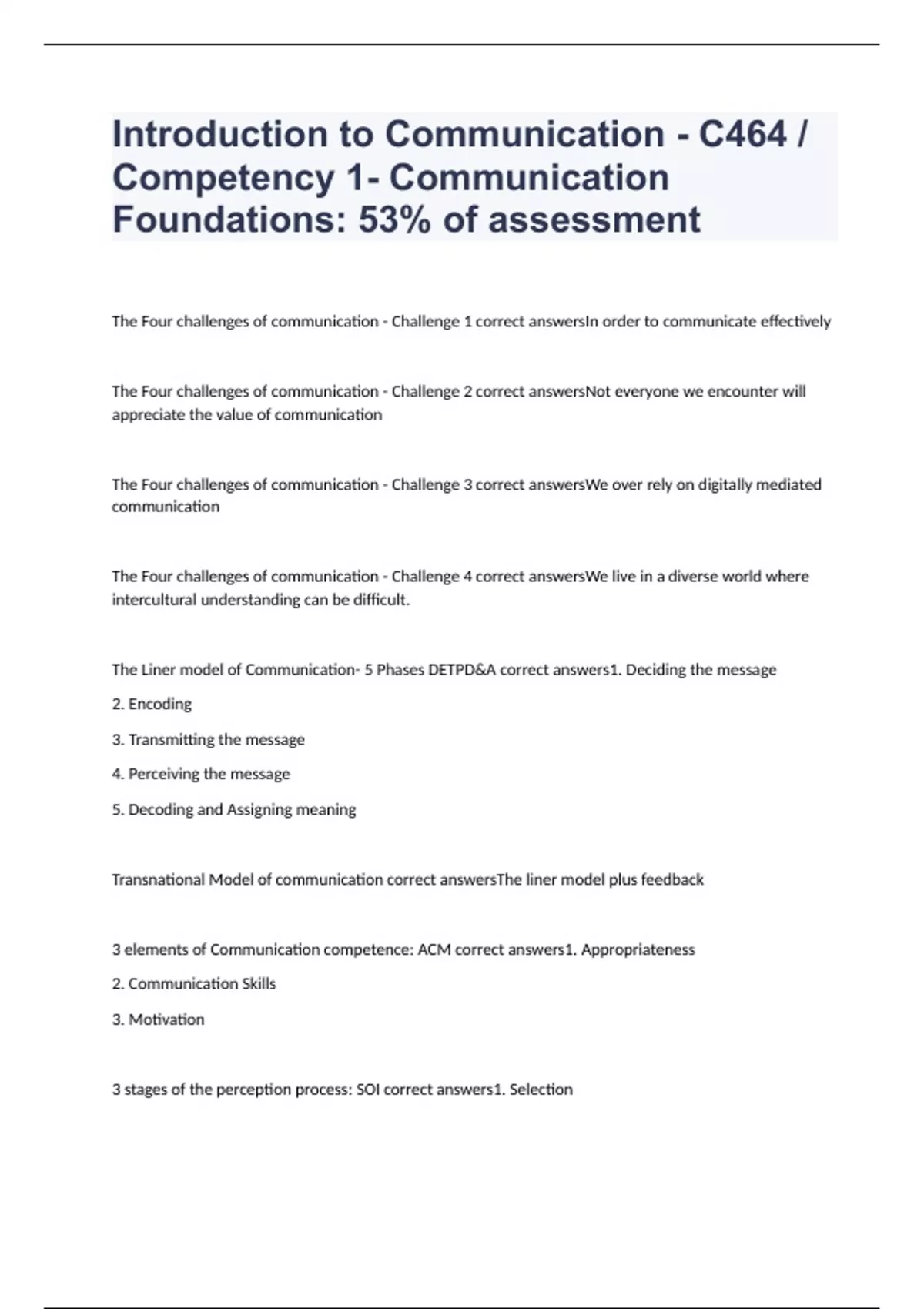 Introduction to Communication - C464 / Competency 1- Communication Foundations: 53% of ...