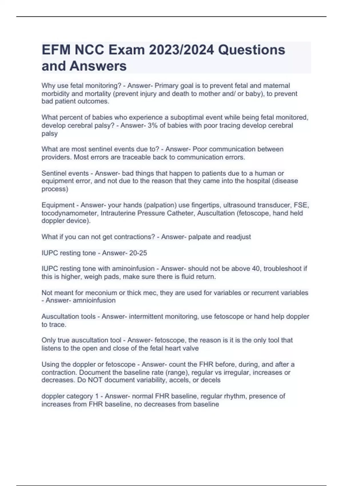 EFM NCC Exam 2023/2024 Questions and Answers - EFM NCC - Stuvia US