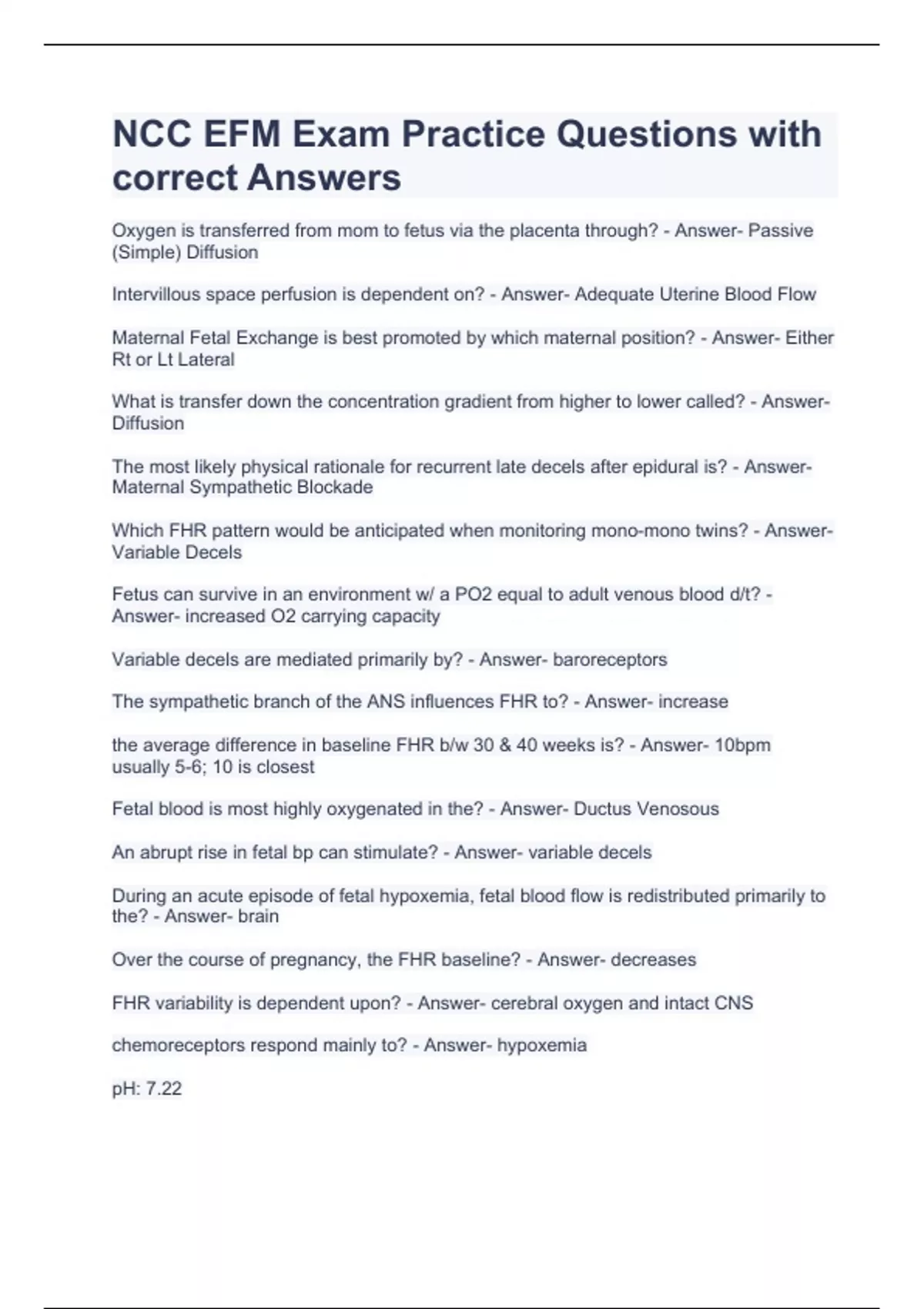 NCC EFM Exam Practice Questions with correct Answers - NCC EFM - Stuvia US