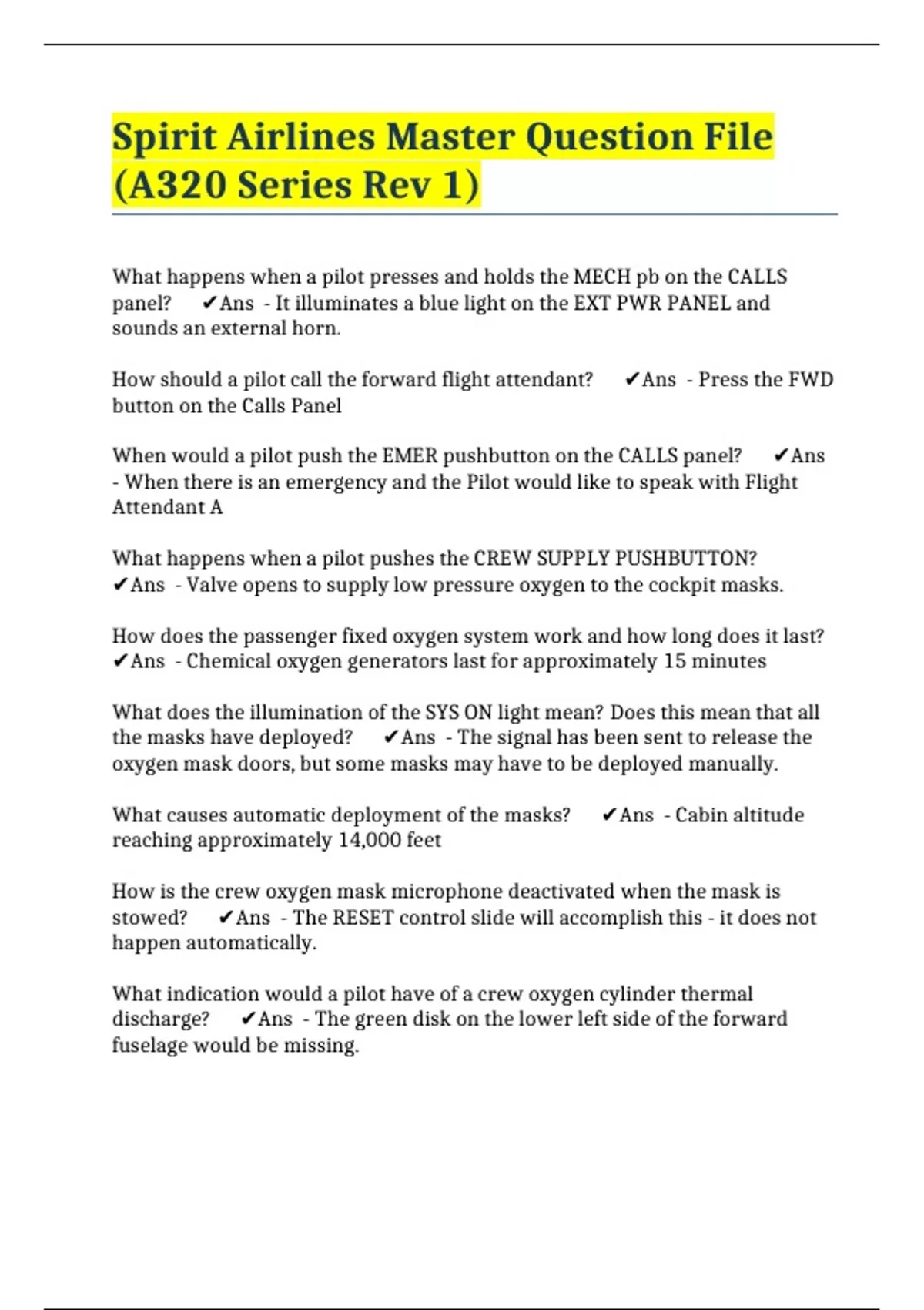 Spirit Airlines Master Question File (A320 Series Rev 1) - Spirit ...