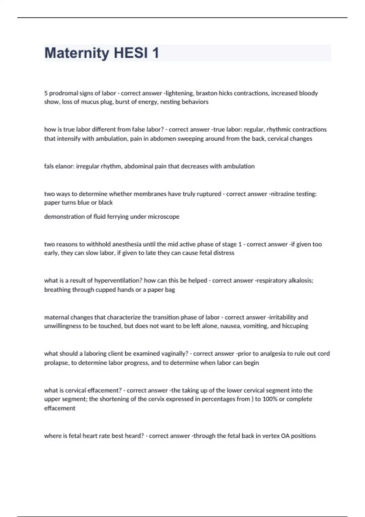 Maternity HESI 1 exam 2023 with 100% correct answers - Maternity HESI 1 ...