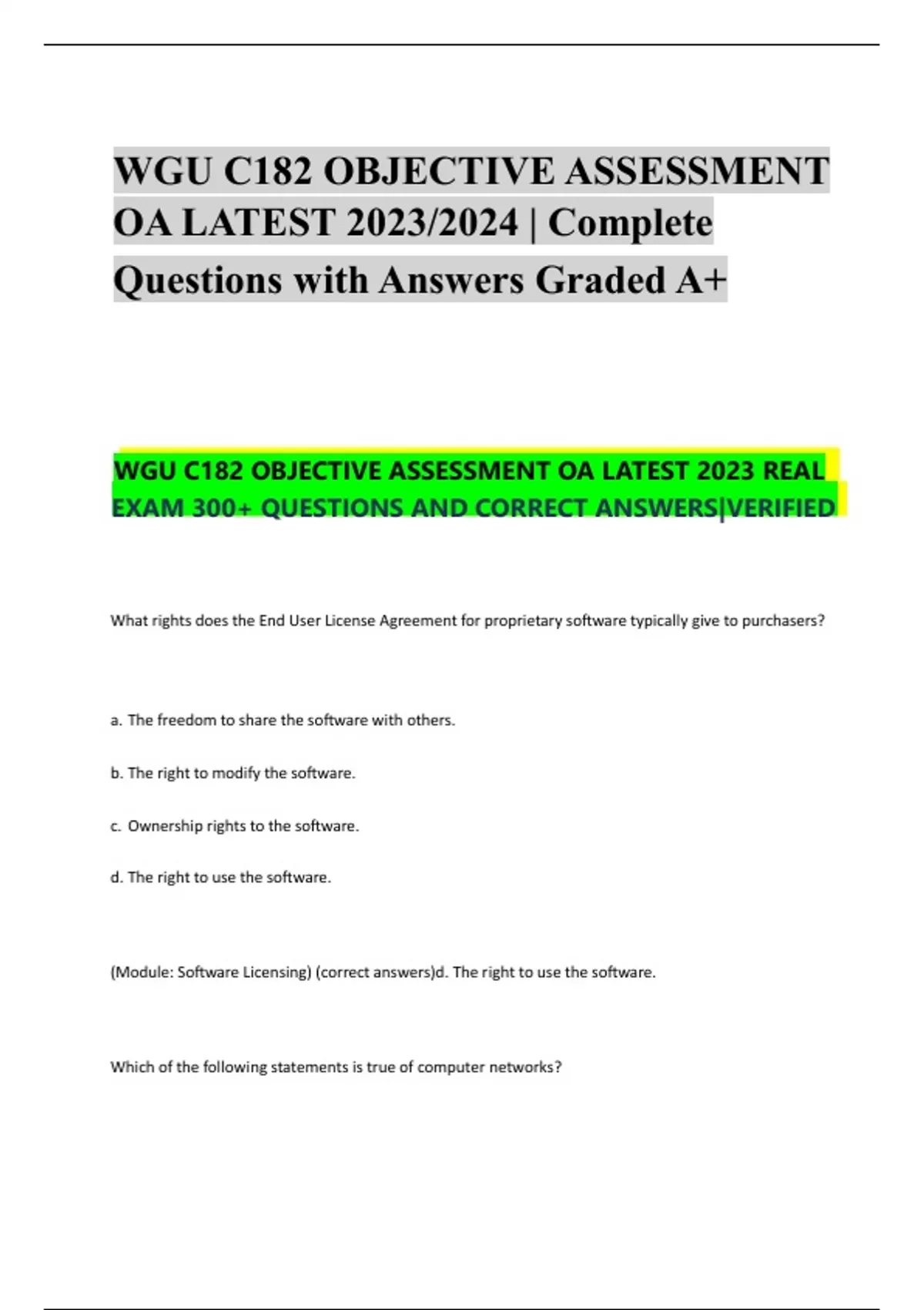 Wgu C182 Objective Assessment Oa Latest 2023 Real Questions Correct