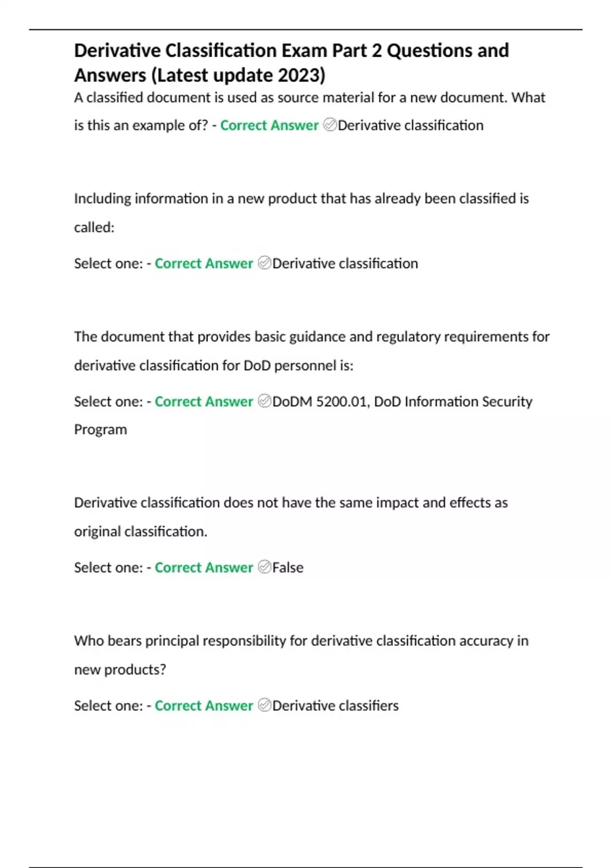 Summary Derivative Classification Exam Part 2 Questions And Answers Latest Update 2023