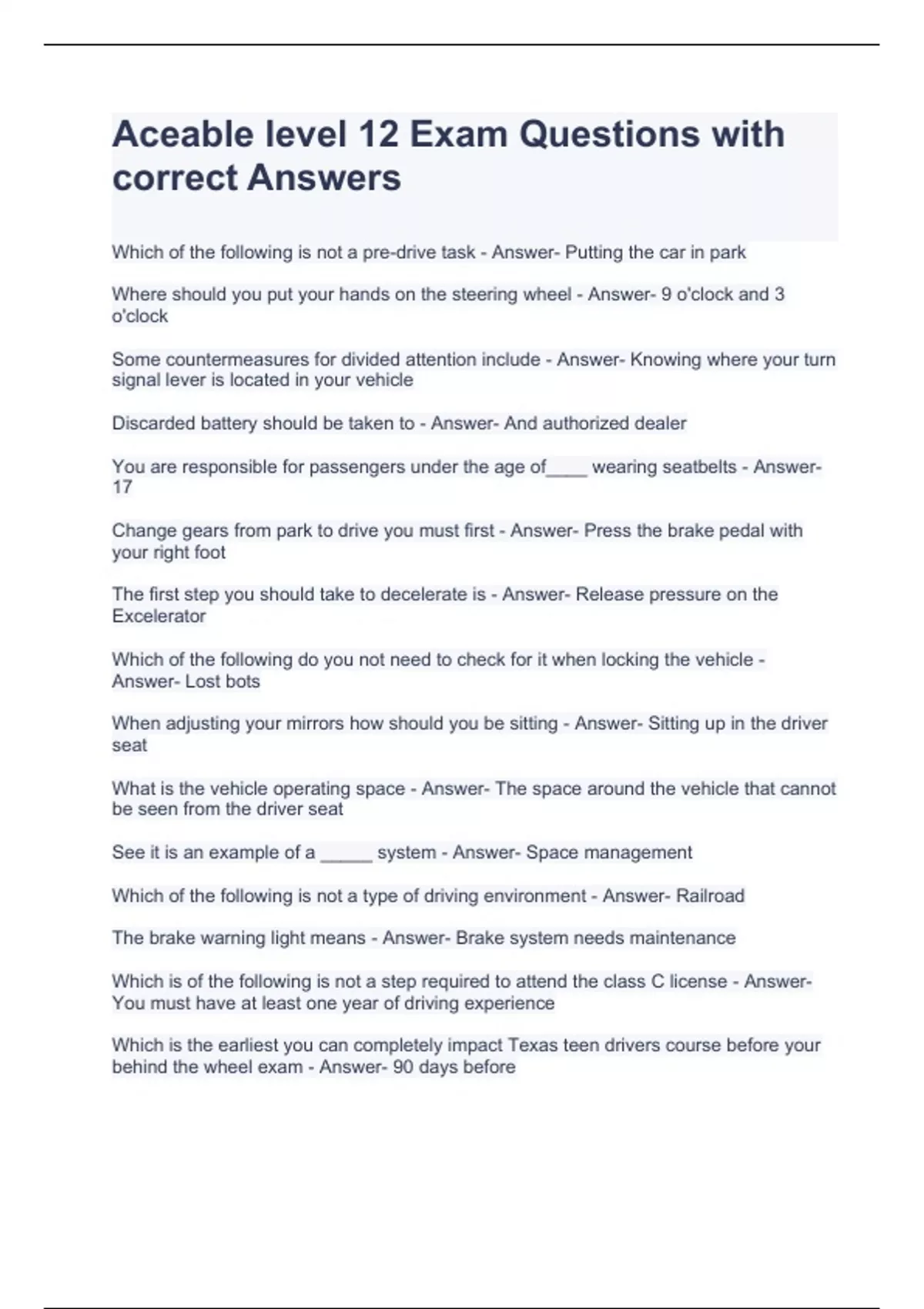 Aceable level 12 Exam Questions with correct Answers - Aceable - Stuvia US