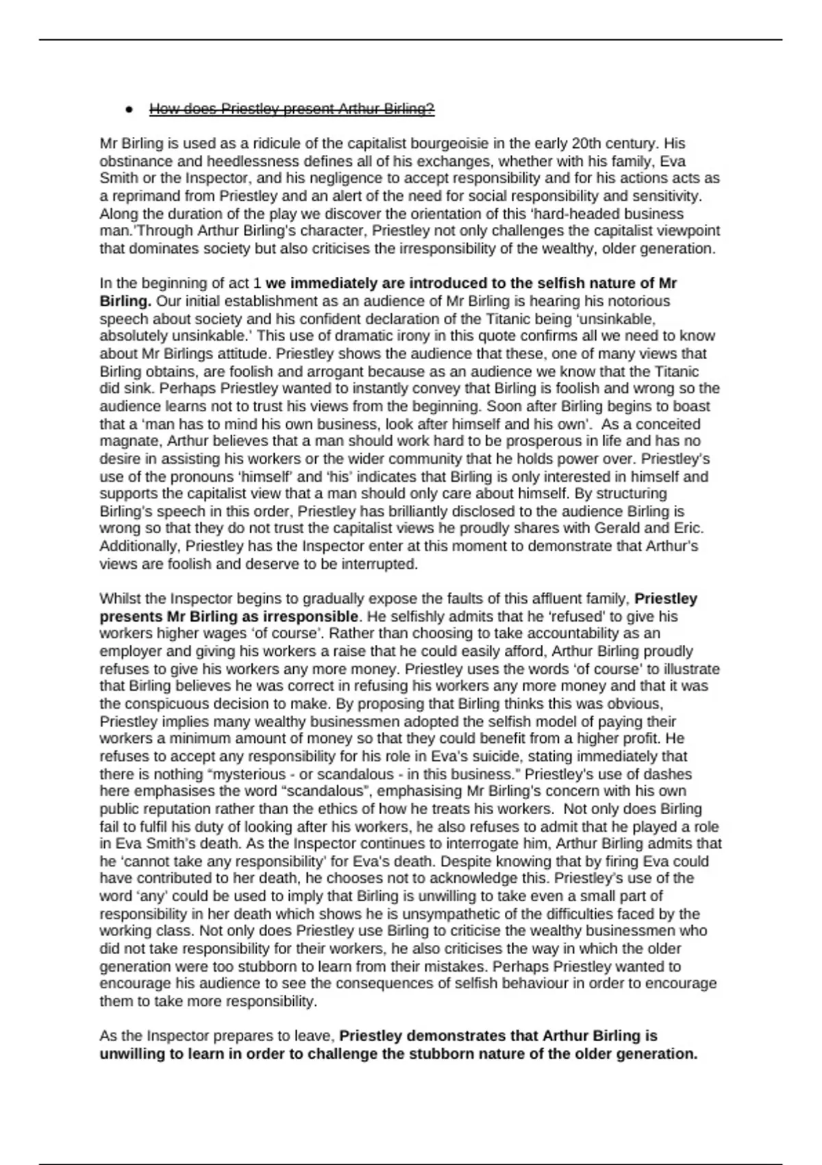GRADE 9 GCSE An Inspector Calls - Arthur Birling Essay. - English ...